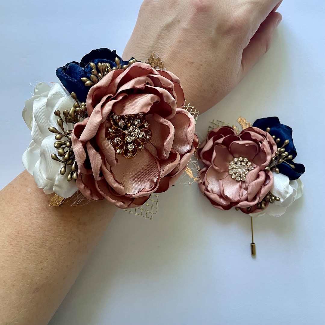 Rose Gold, Navy Blue, and Cream Wrist Corsage or Boutonnière - Prom ...