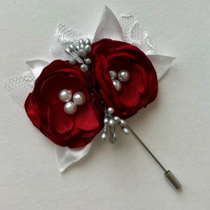 Deep Red and White Corsage or Boutonnière Set - Fabric Flowers, Satin ...