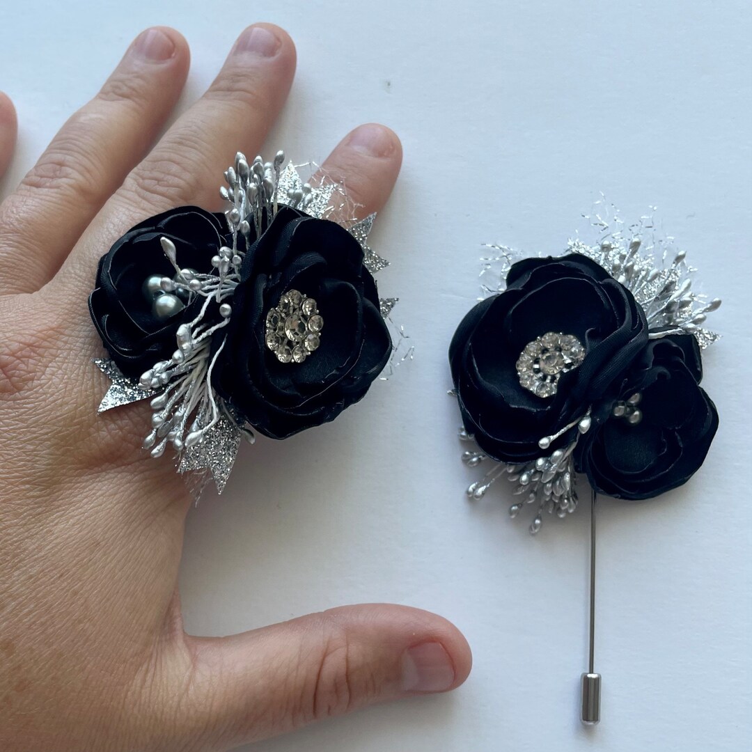 Finger Corsage or Boutonnière - Black and Silver, Corsage Alternative ...