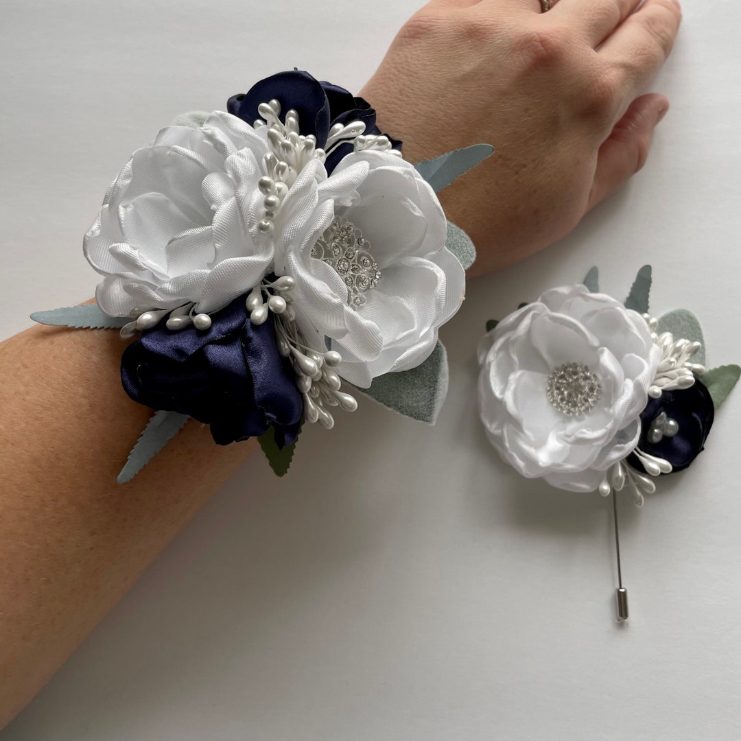 White and Navyblue Corsage or Boutonnière - Blue and White Corsage ...