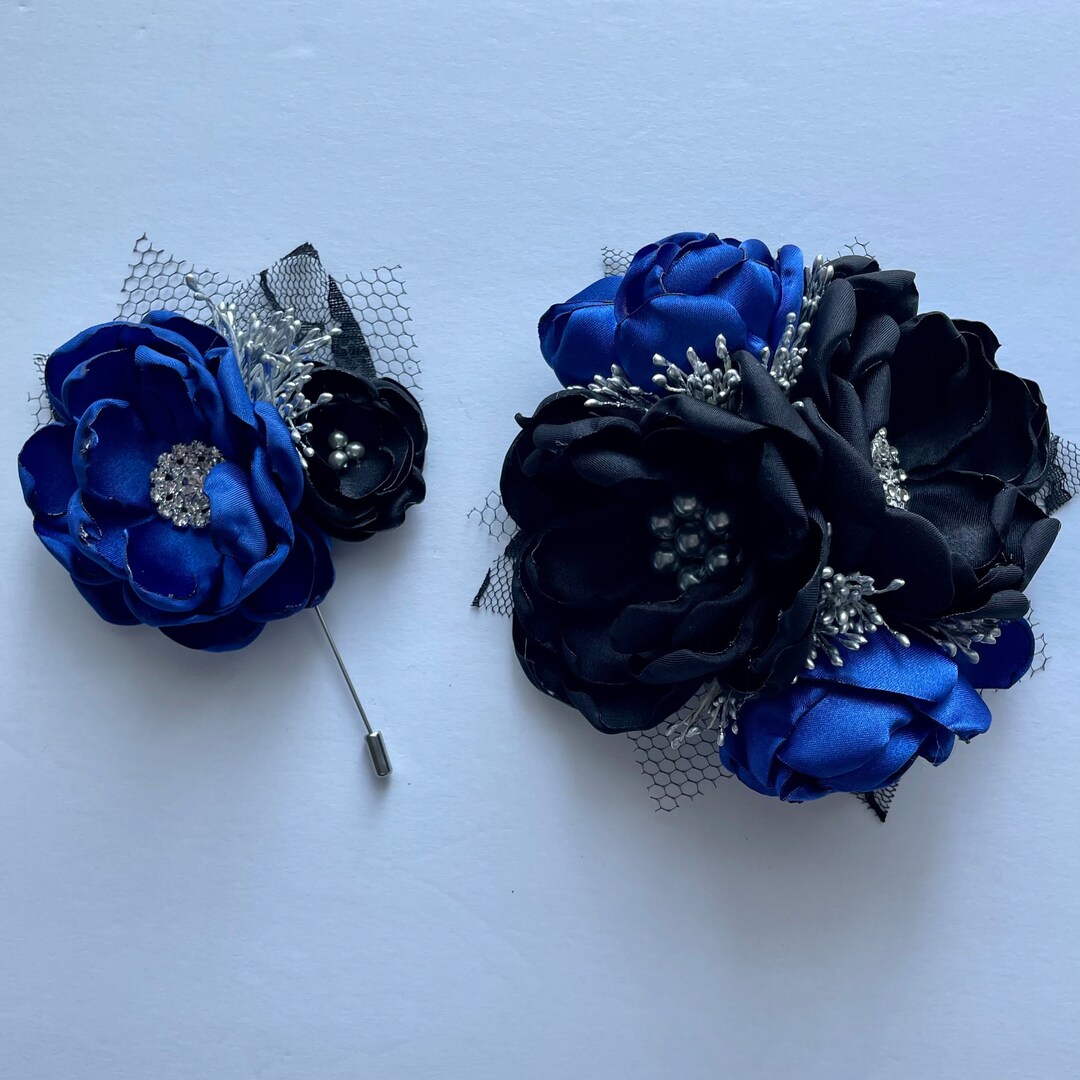 Cobalt Blue & Black Corsage Boutonniere Set – Prom, Wedding Flowers - Etsy