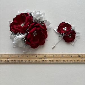 Deep Red and White Corsage or Boutonnière Set - Fabric Flowers, Satin ...