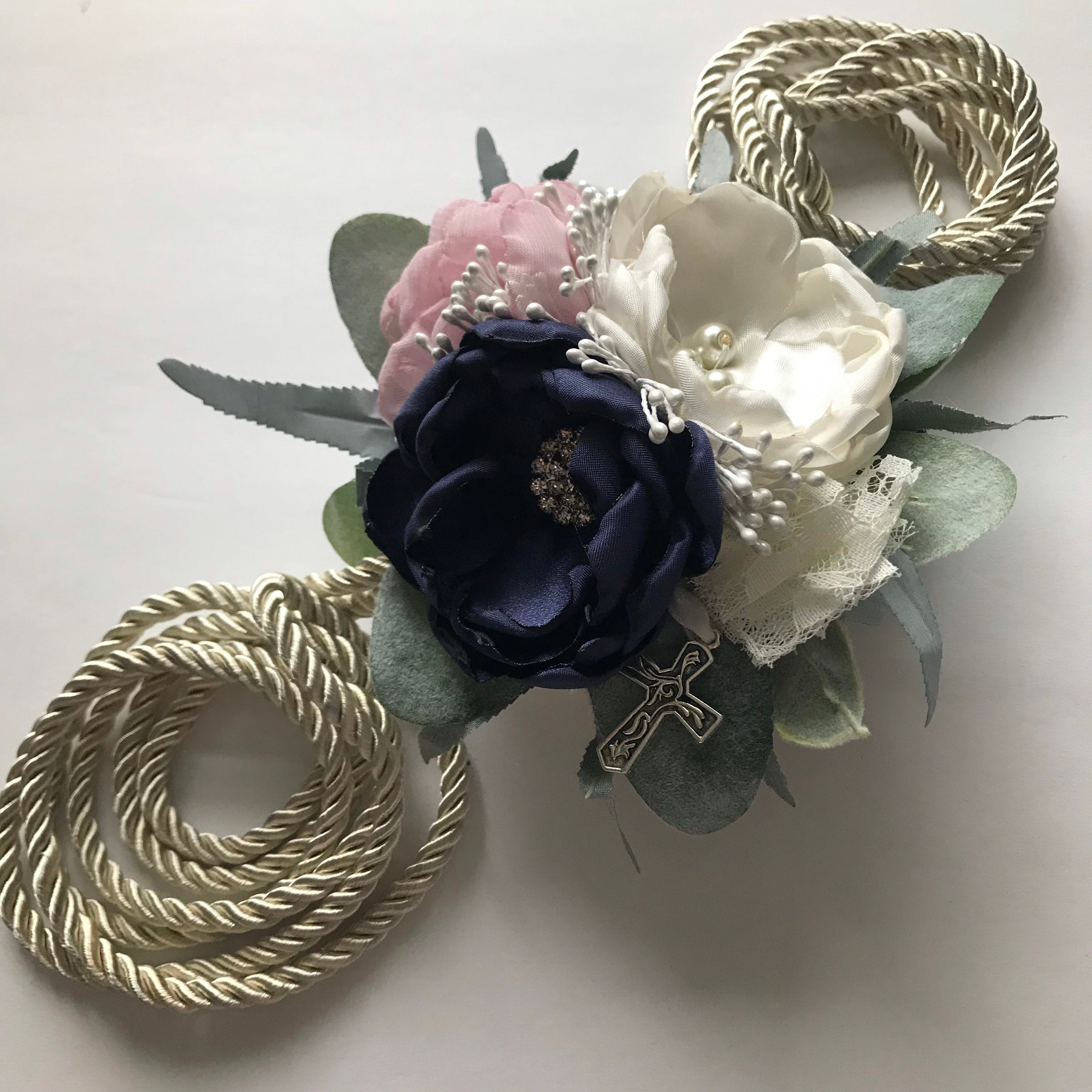 Navy Dusty Pink and Cream Lasso with Greenery and Cross | Etsy