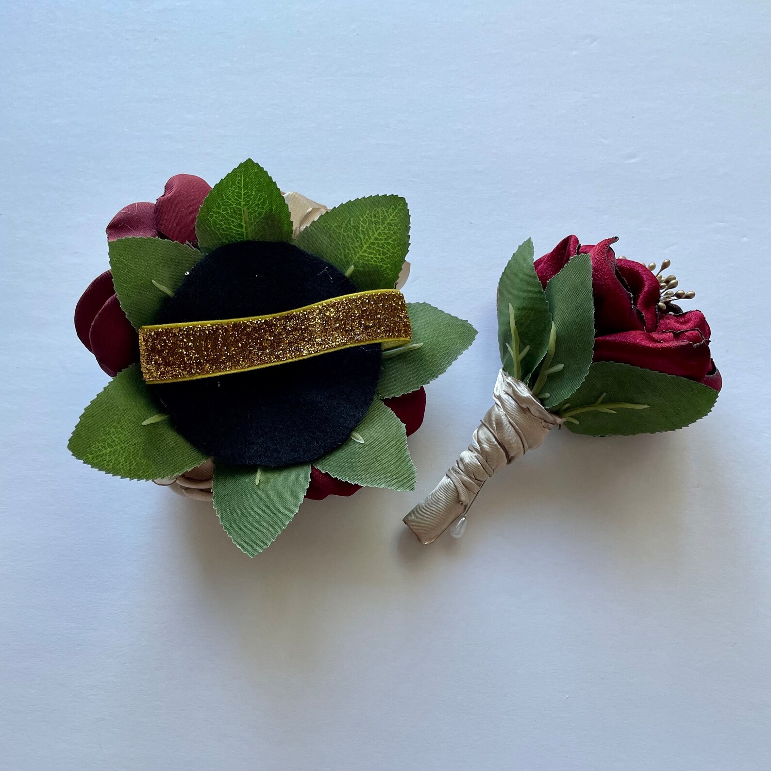 Maroon and Champagne Rose Corsage or Boutonnière With Greenery - Red ...