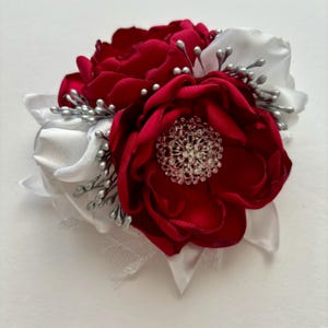 Deep Red and White Corsage or Boutonnière Set - Fabric Flowers, Satin ...