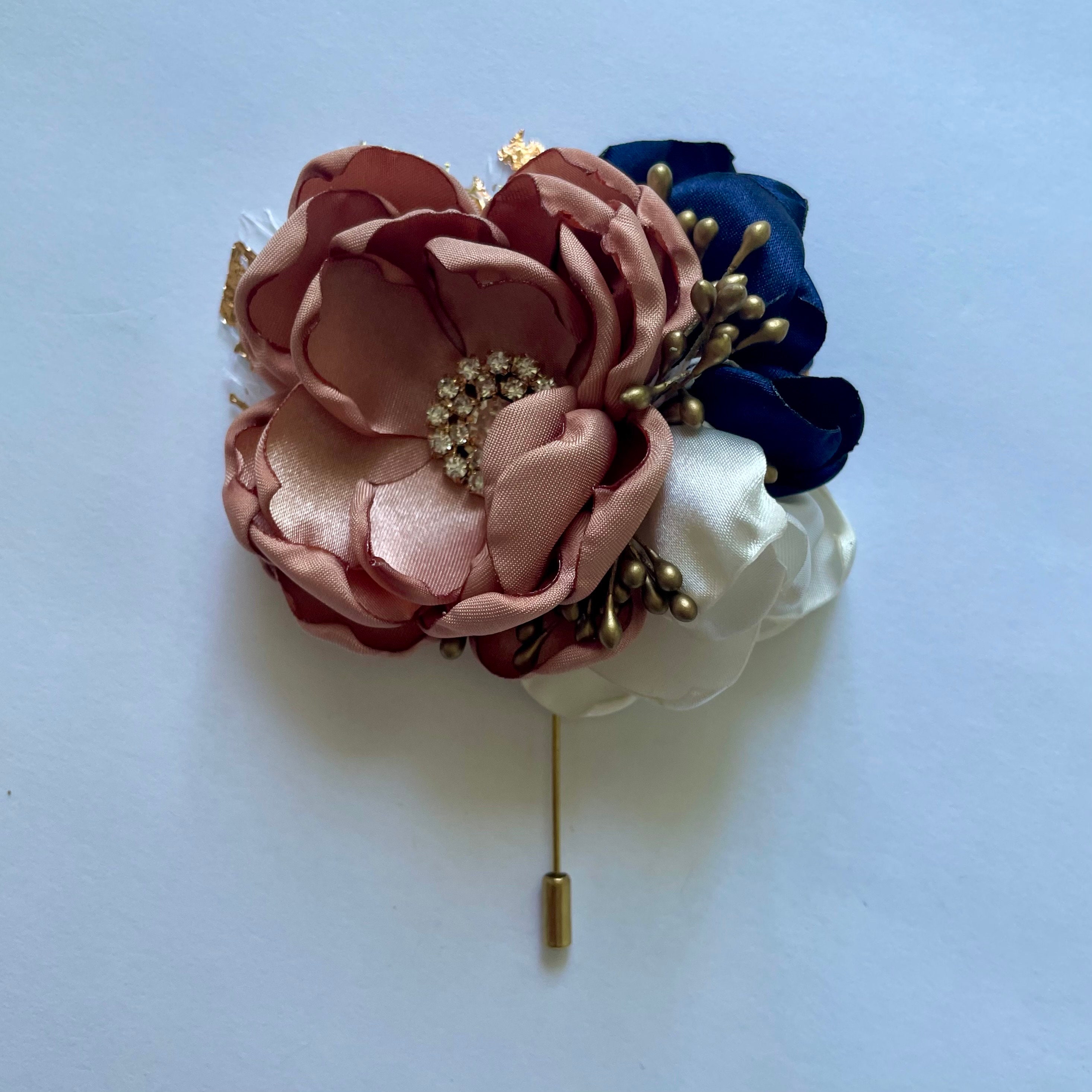 Rose Gold, Navy Blue, and Cream Wrist Corsage or Boutonnière - Prom ...
