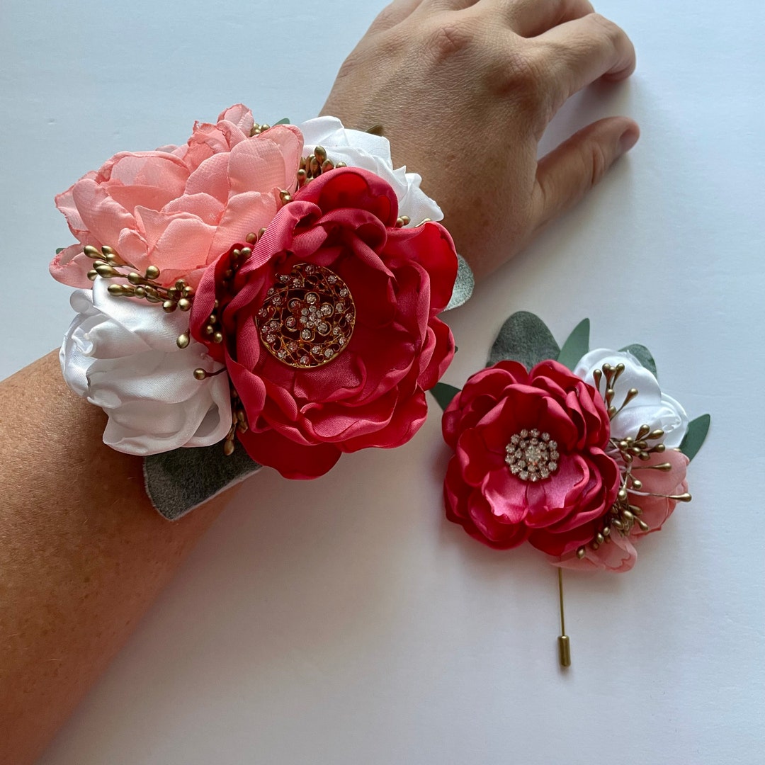 Coral Pink & White Fabric Flower Corsage, Gold Accents - Etsy