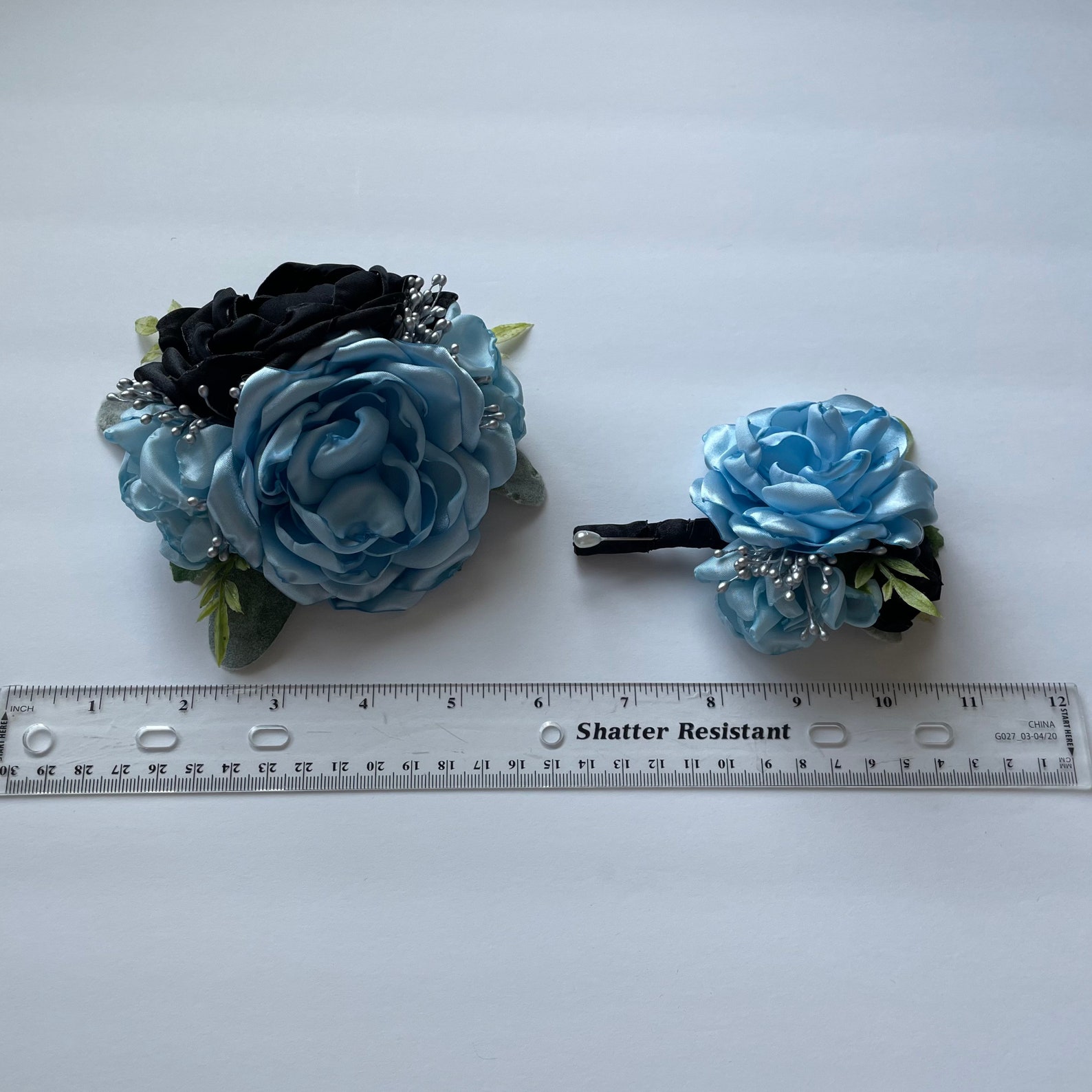 Baby Blue and Black Corsage or Boutonnière With Greenery - Etsy