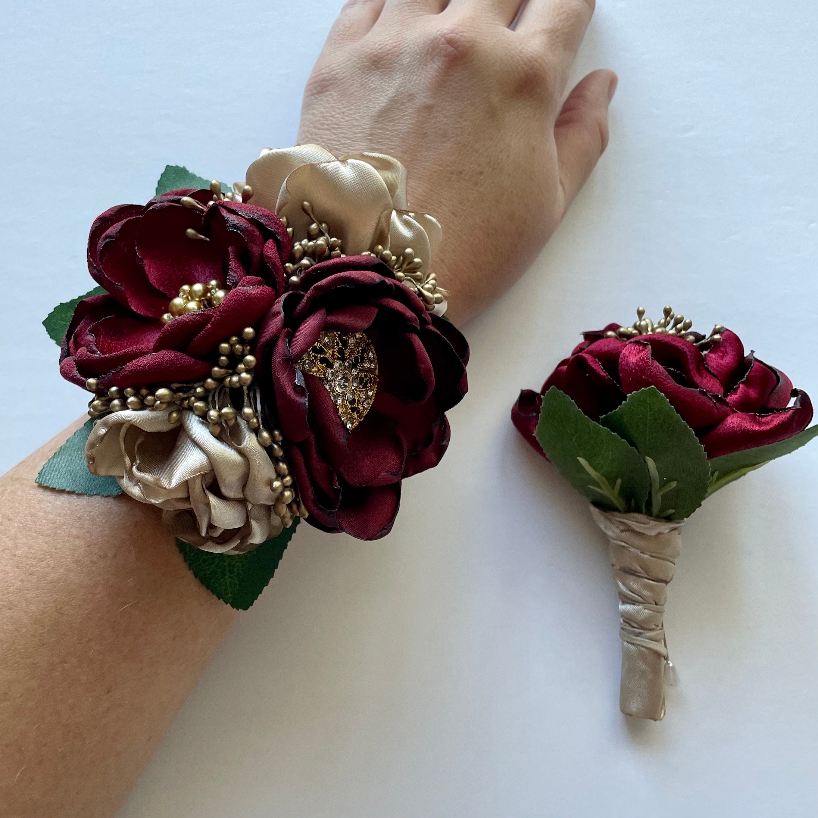 Maroon and Champagne Rose Corsage or Boutonnière With Greenery - Red ...