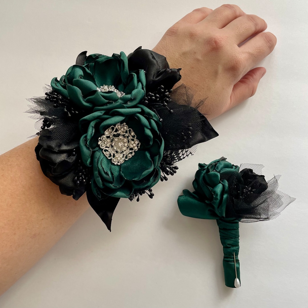 Jewel Green and Black Corsage or Boutonnière - Fabric Flower Corsage ...