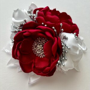 Deep Red and White Corsage or Boutonnière Set - Fabric Flowers, Satin ...