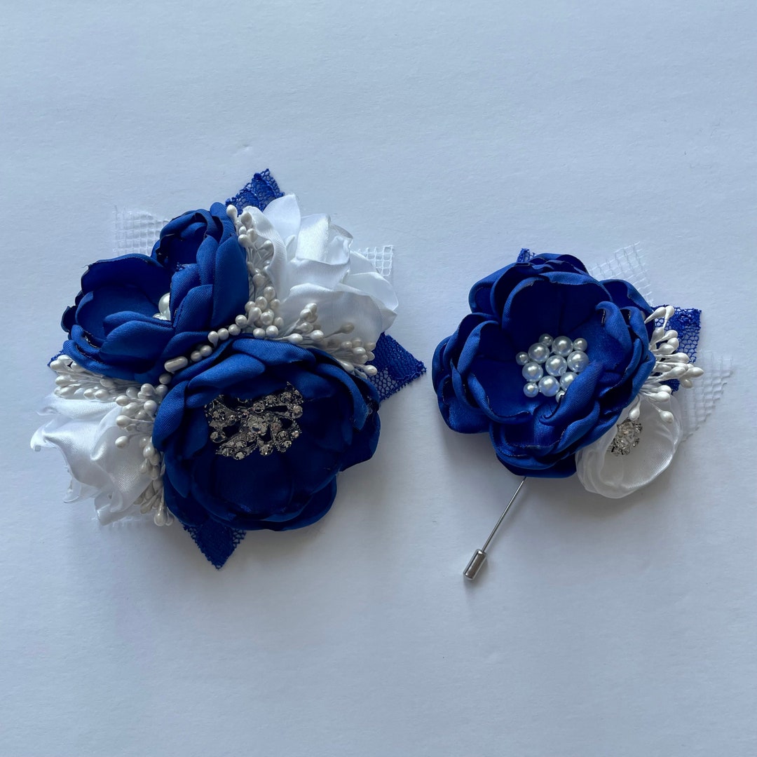 Pure White and Royal Blue Corsage or Boutonnière Set - Cerulean Blue ...