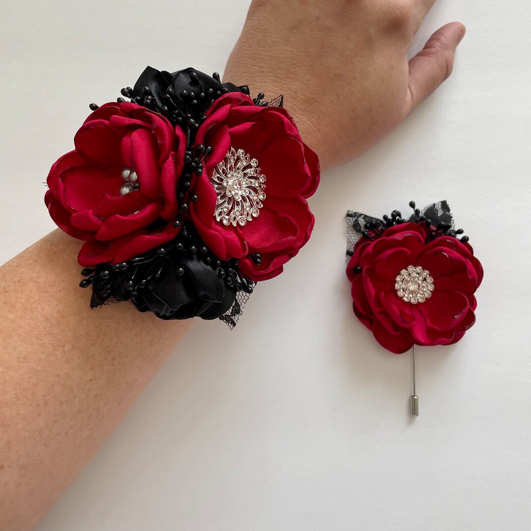 Rich Red and Black Corsage or Boutonnière Set - Red and Black Prom ...