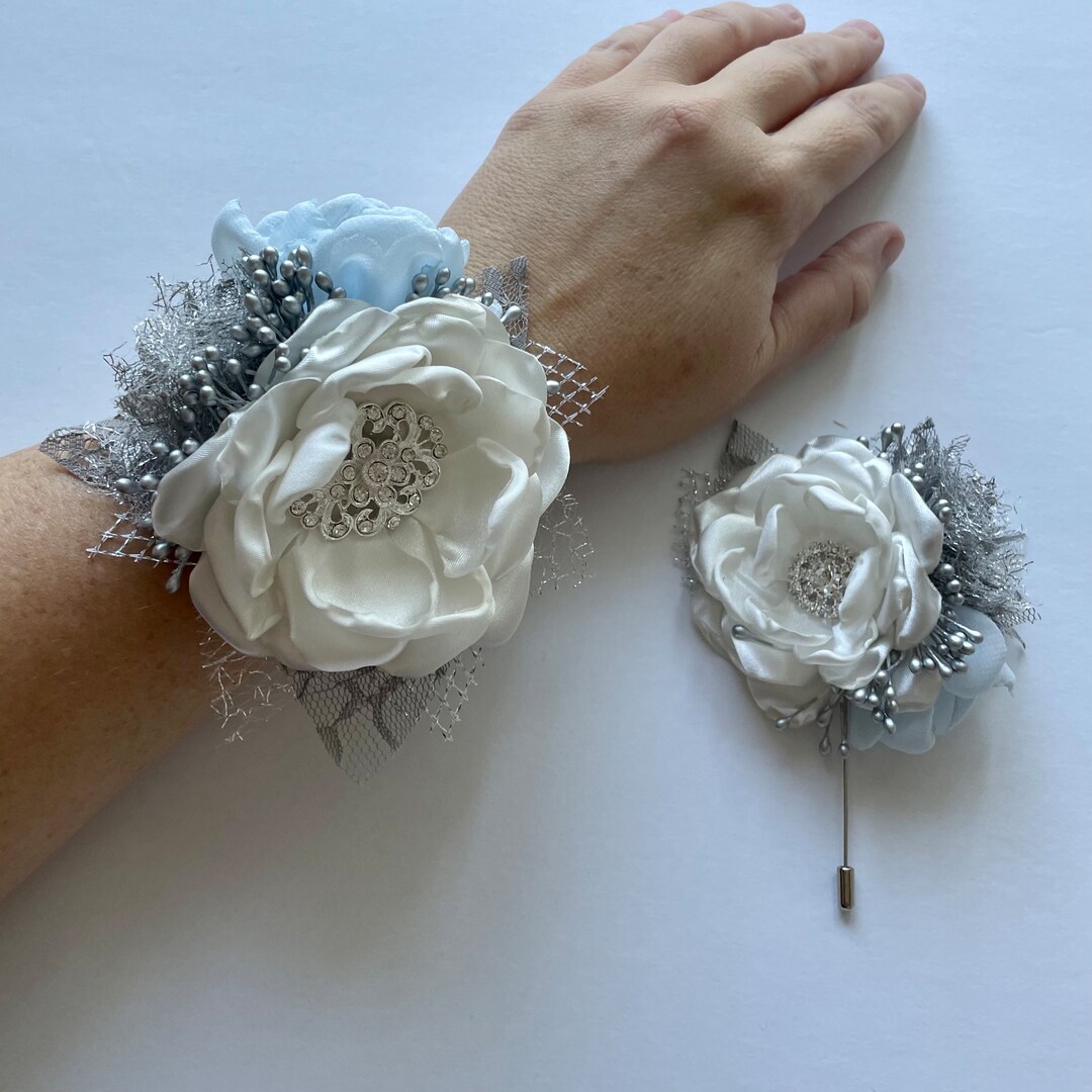 Cream With Silver and Baby Blue Corsage or Boutonnière - Etsy
