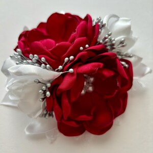 Deep Red and White Corsage or Boutonnière Set - Fabric Flowers, Satin ...