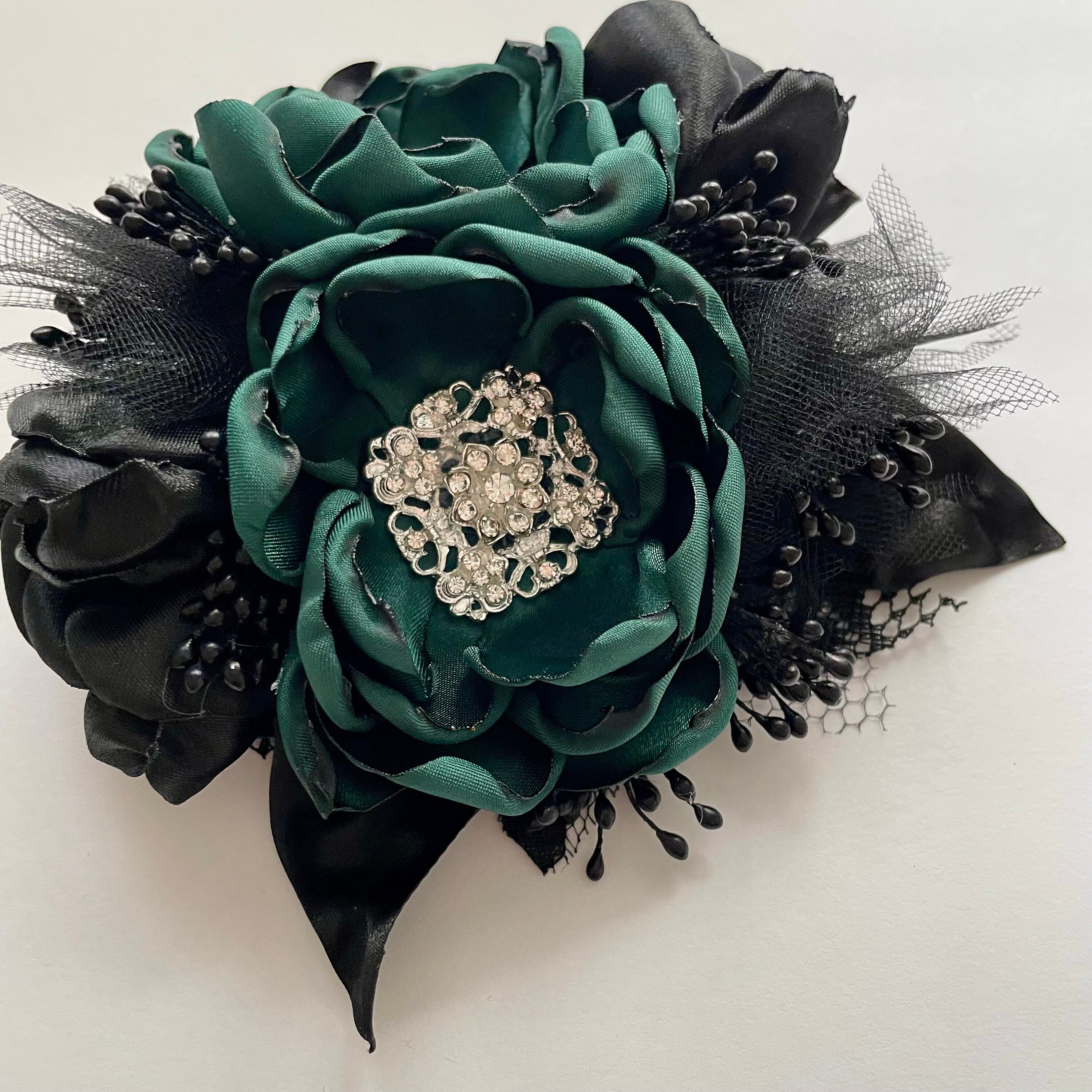 Jewel Green and Black Corsage or Boutonnière - Fabric Flower Corsage ...