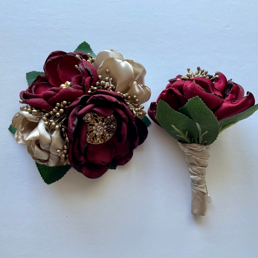 Maroon and Champagne Rose Corsage or Boutonnière With Greenery - Red ...