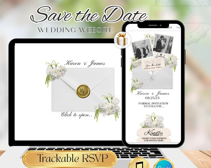 Ivory & White Floral Save the Date, Wedding Website Template, Digital ...