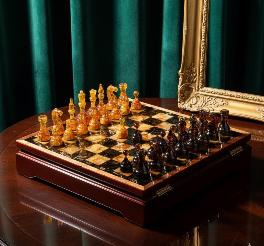 Luxury Amber Chess Set With Storage Box, Handmade Mosaic Chessboard ...