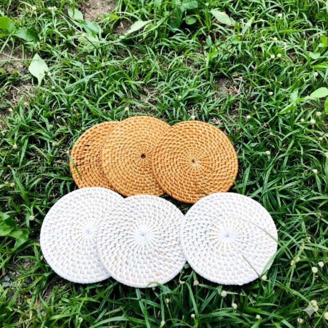 6 Pieces of Handwoven Rattan Coasters 10cm, Round Wicker Drink Coaster ...