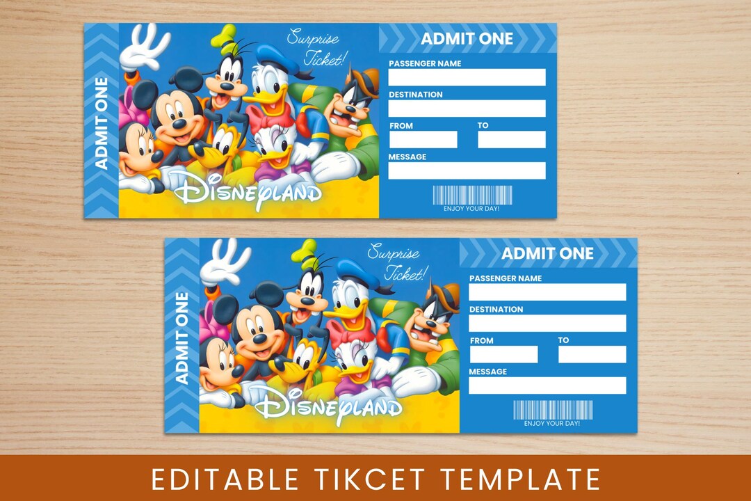Editable Disneyland Ticket Template, Surprise Trip Reveal (PDF, PNG ...