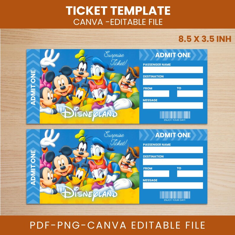 Editable Disneyland Ticket Template, Surprise Trip Reveal (PDF, PNG ...