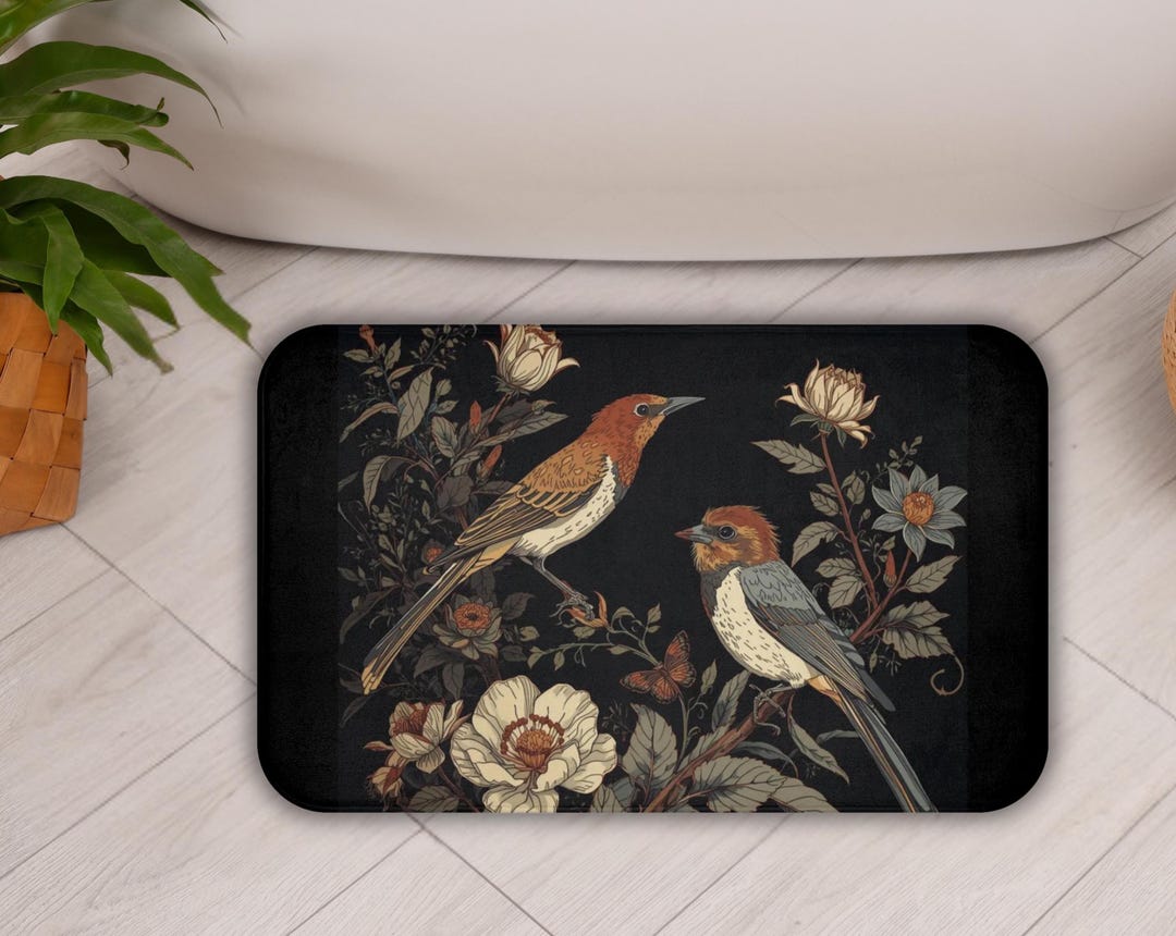 Art Nouveau Woodland Birds Floral Memory Foam Bath Mat, Birds on ...