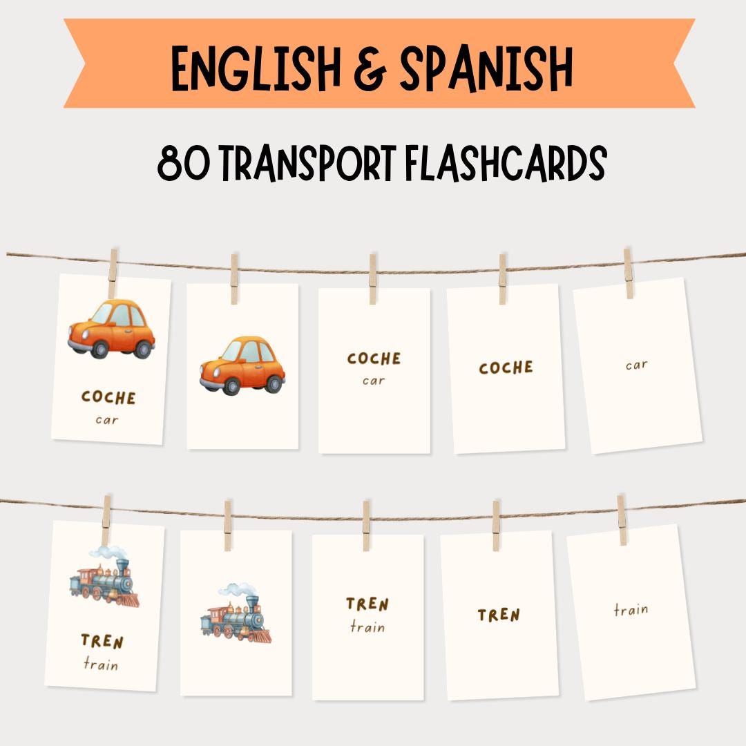 Bilingual Transport Flashcards English Spanish, Vehicles and ...