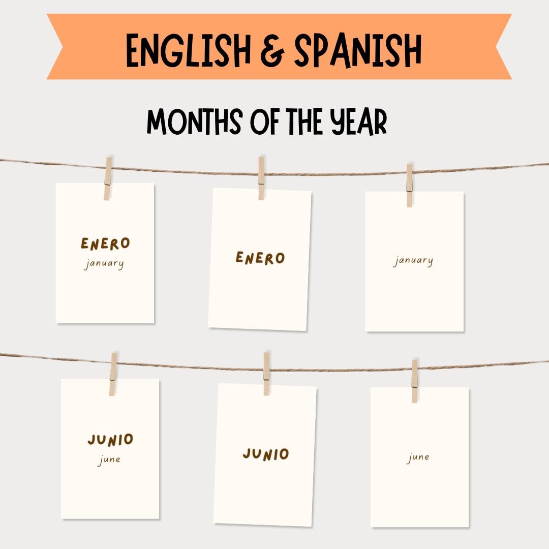 Bilingual Months of the Year Flashcards, English Spanish Calendar Cards ...