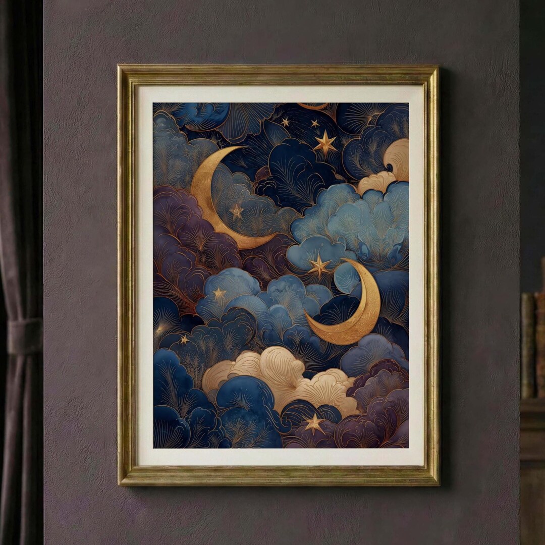 Whimsigoth Celestial Moon Wall Art, Gold Crescent Clouds Night Sky ...