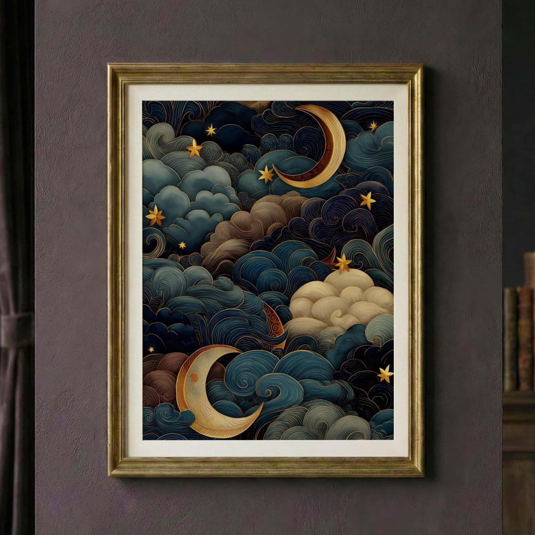 Whimsigoth Gold Moon Stars Print, Dark Celestial Wall Art (digital ...