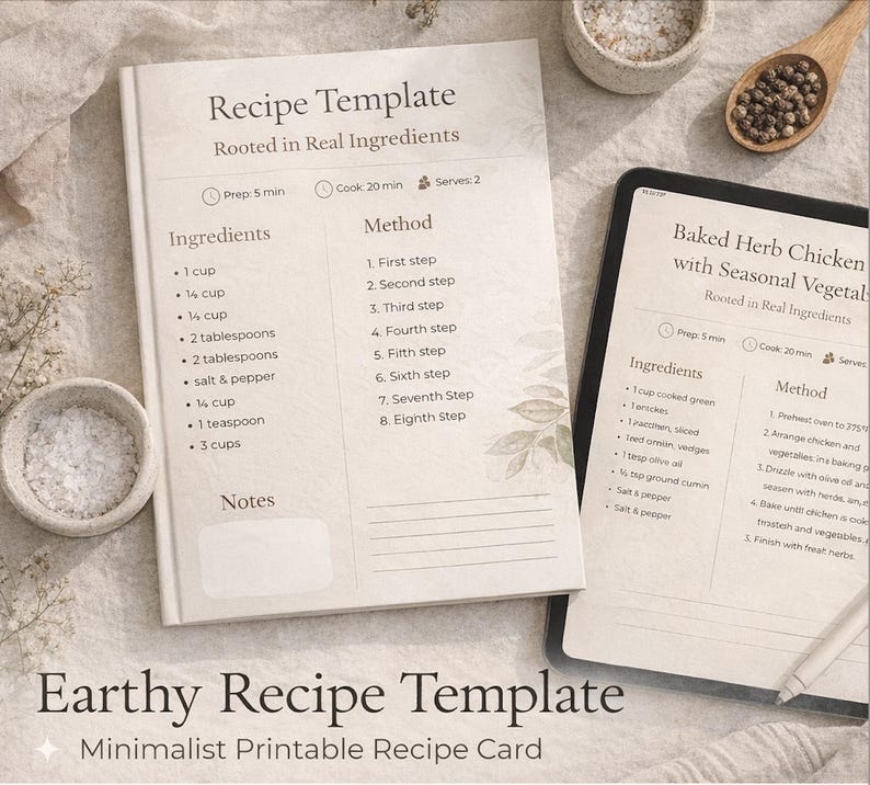 Earthy Recipe Template | Minimalist Printable Recipe Card | Neutral ...