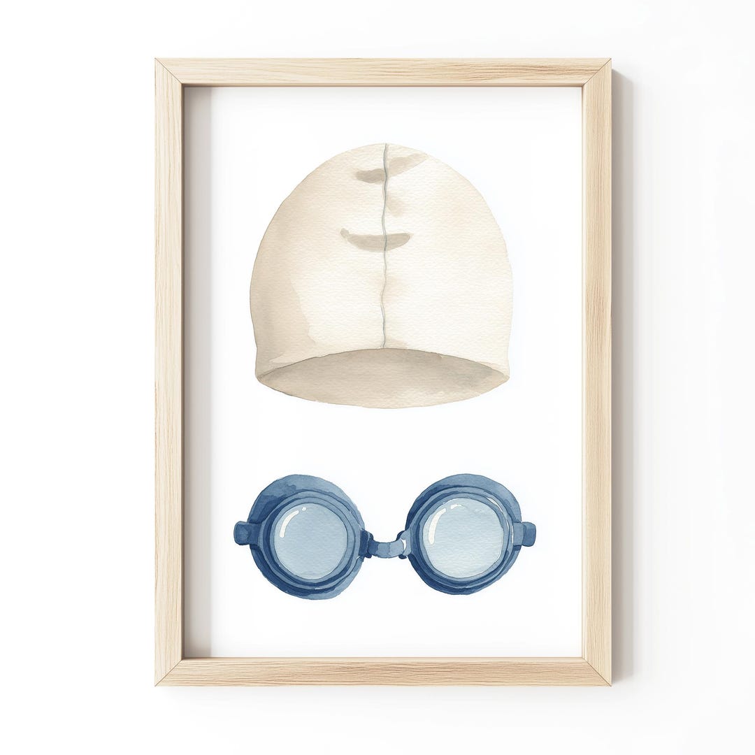 Printable Cute Swim Cap & Goggles Watercolor Art - Minimal Nursery ...