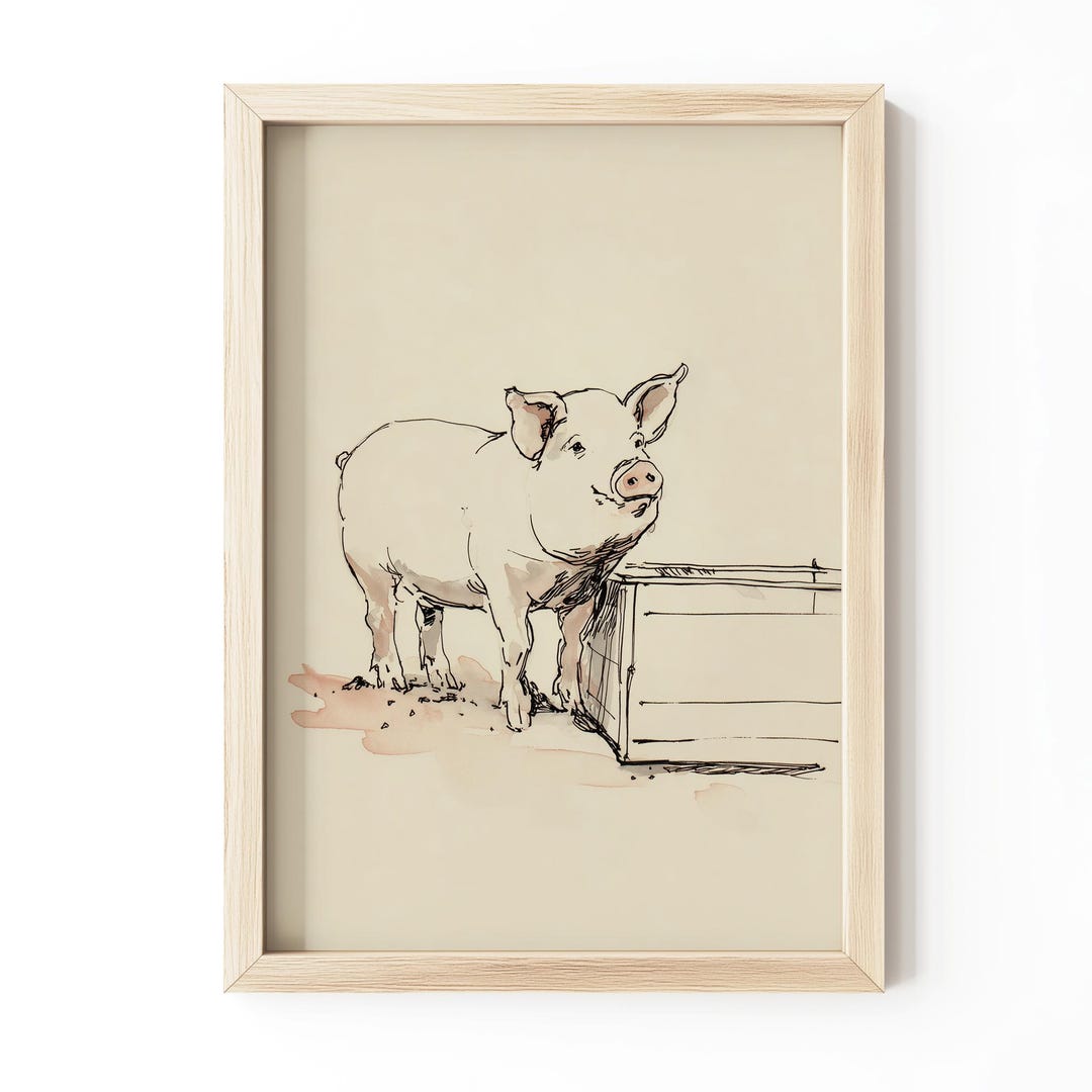 Farmhouse Nursery Pig Printable - Rustic Pen and Ink Farm Sketch, Cute ...