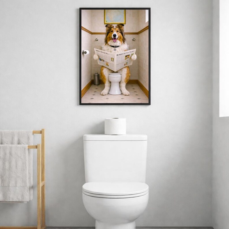 Funny Collie Bathroom Wall Art Dog Reading Newspaper on Toilet Poster ...