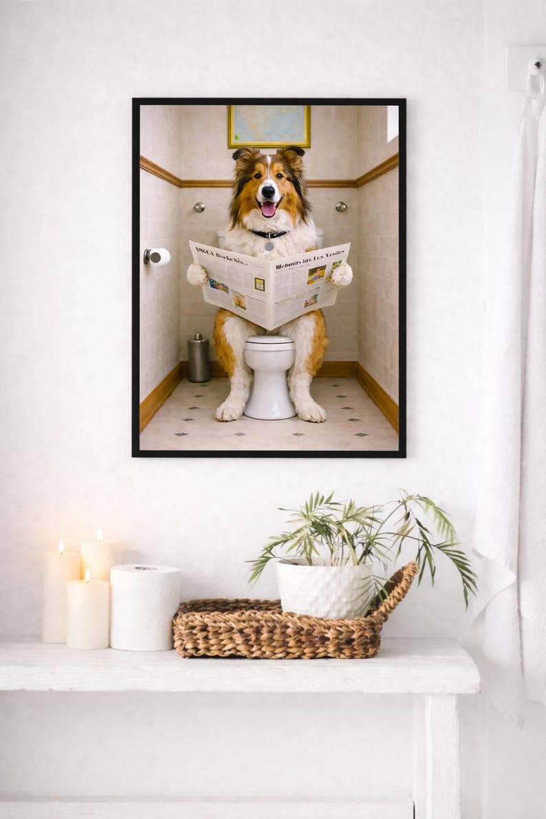 Funny Collie Bathroom Wall Art Dog Reading Newspaper on Toilet Poster ...