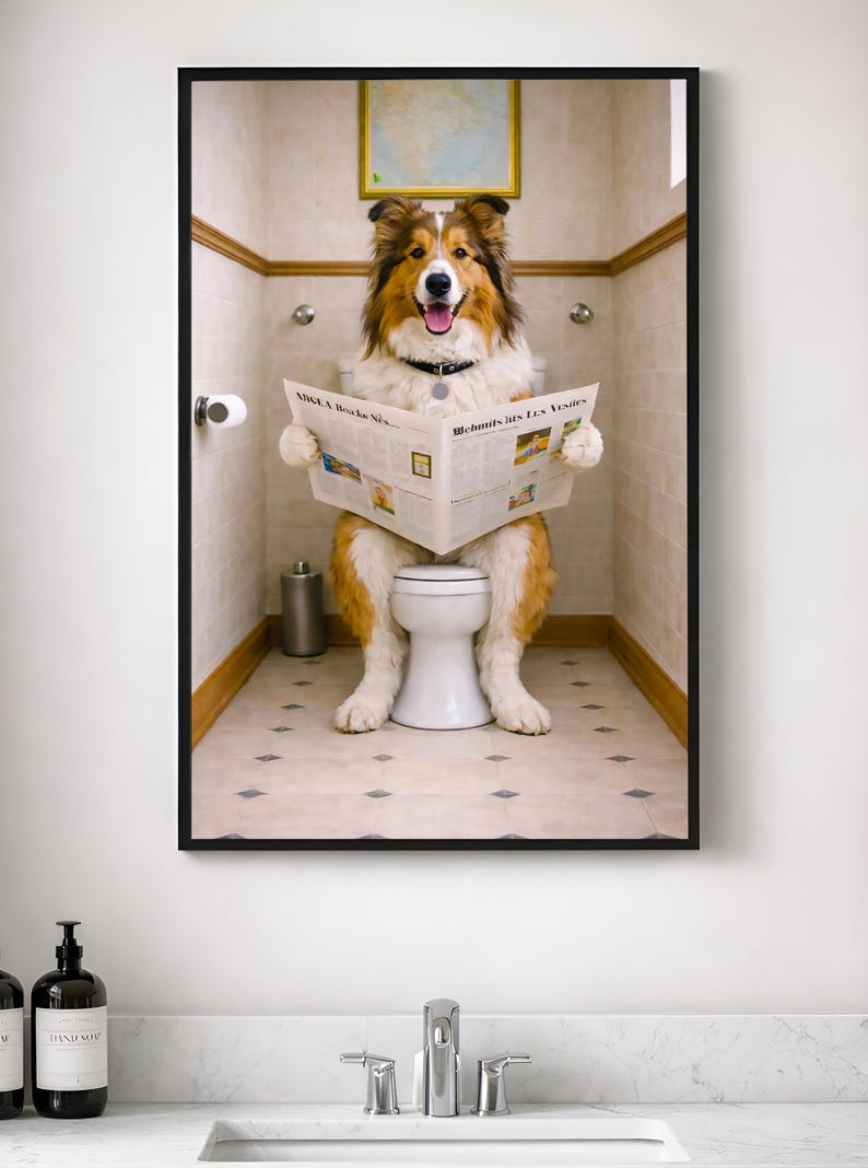 Funny Collie Bathroom Wall Art Dog Reading Newspaper on Toilet Poster ...