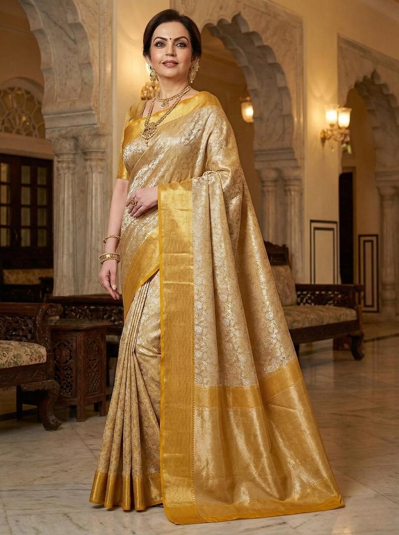 Nita Ambani Inspired Banarasi Soft Silk Saree Tissue Gold Jaal Work ...