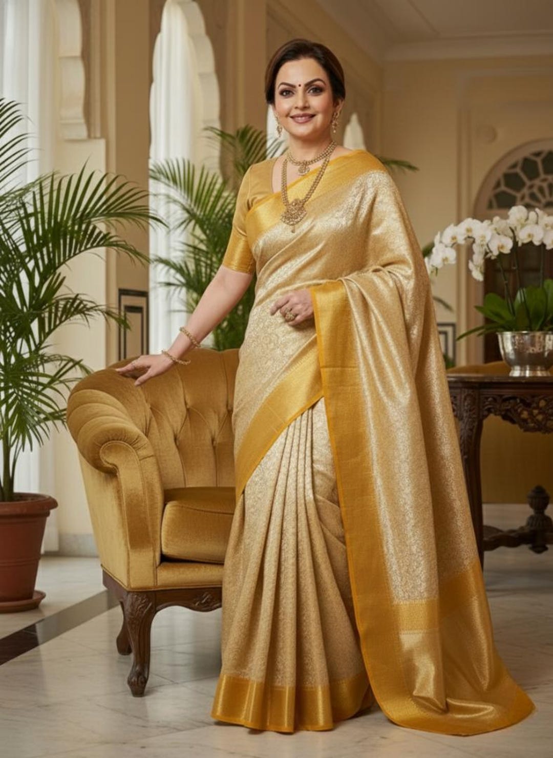 Nita Ambani Inspired Banarasi Soft Silk Saree Tissue Gold Jaal Work ...