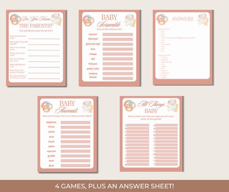Printable Baby Shower Games, 4 Baby Shower Games, Pink and Coral - Etsy