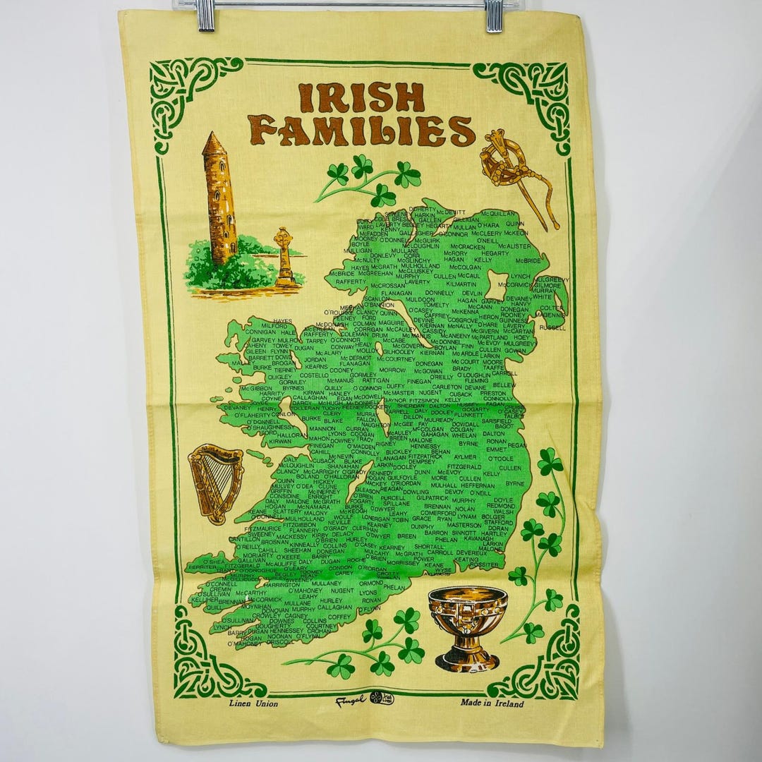 Vintage Fingal Irish Linen Tea Towel Map of Irish Families Surnames ...
