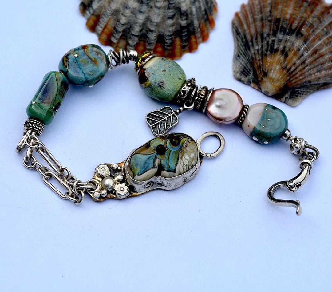 Handmade Sterling Silver Bracelet: Artisan Glass Beads, Freshwater ...