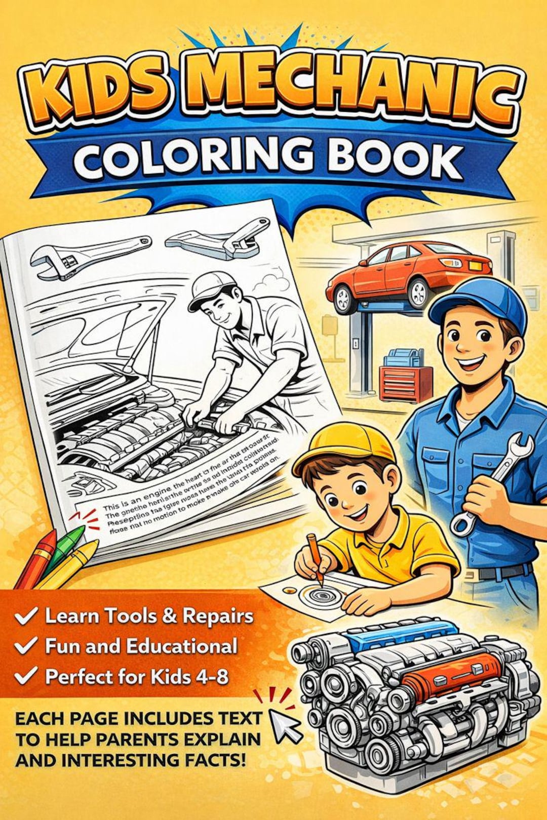 Car Mechanics Coloring Book for Kids - Educational Printable PDF to ...