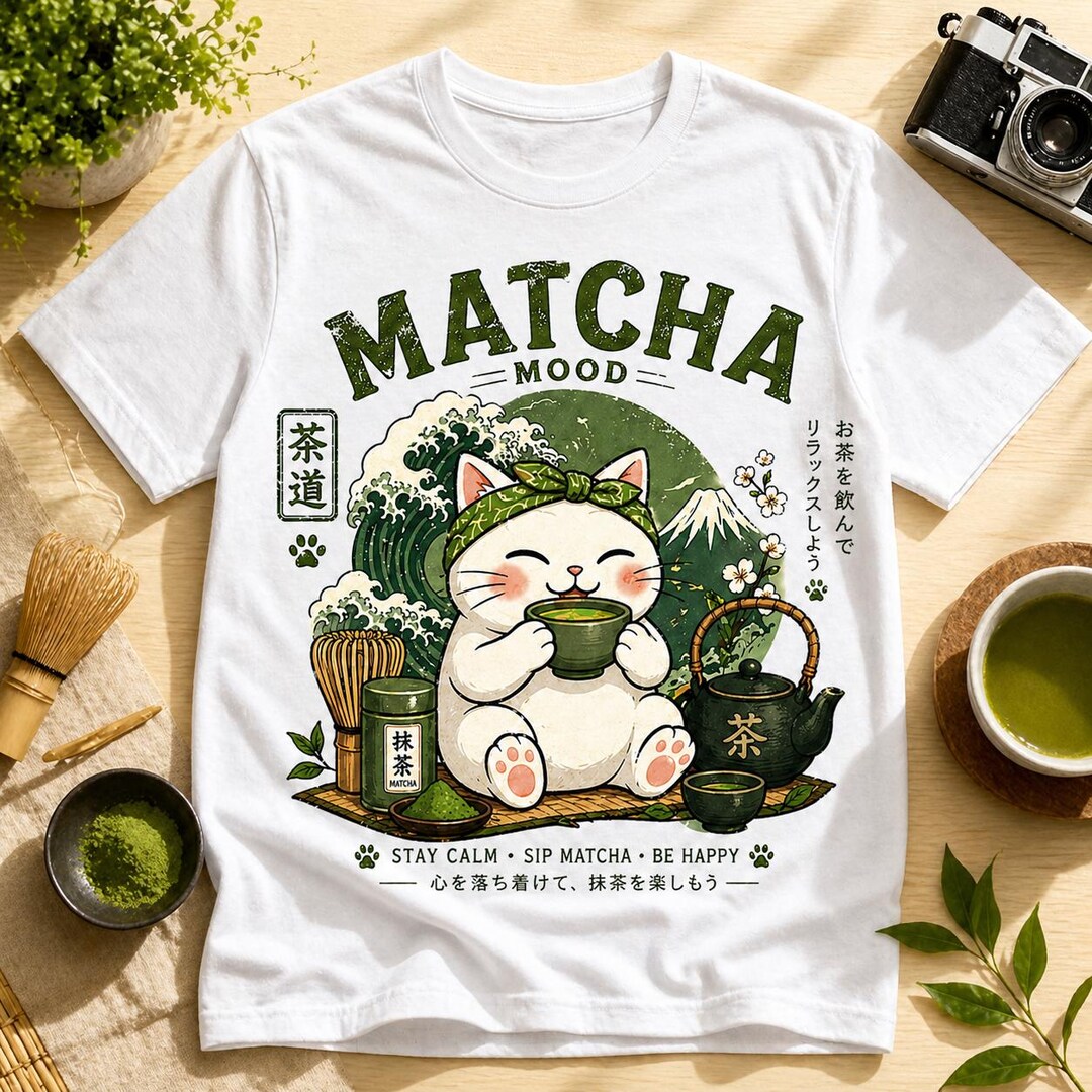 Matcha Mood Cat T-shirt, Cute Matcha Cat Tee, Kawaii Japanese Cat Shirt ...