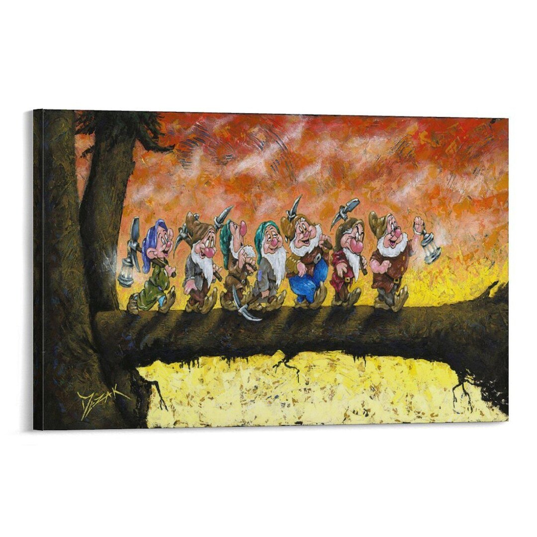 Seven Dwarfs Walking on Log Oil Painting Canvas Print - Snow White ...