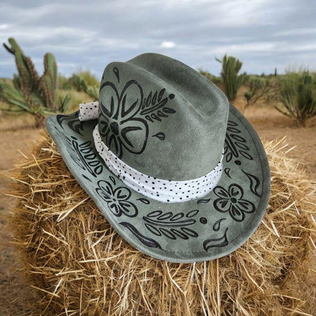 Pyrography Cowboy Hat With Flower Details - Etsy