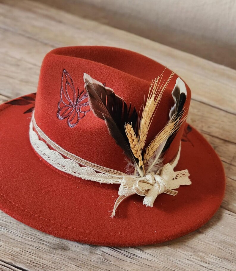 Elegant Red Fedora Hat With Pyrography Design - Etsy