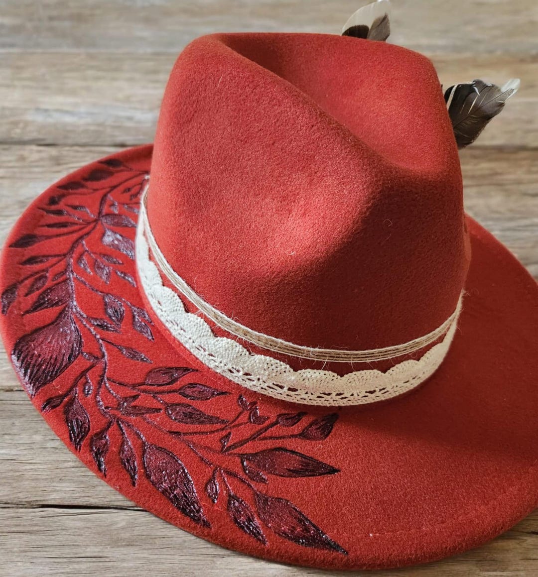Elegant Red Fedora Hat With Pyrography Design - Etsy