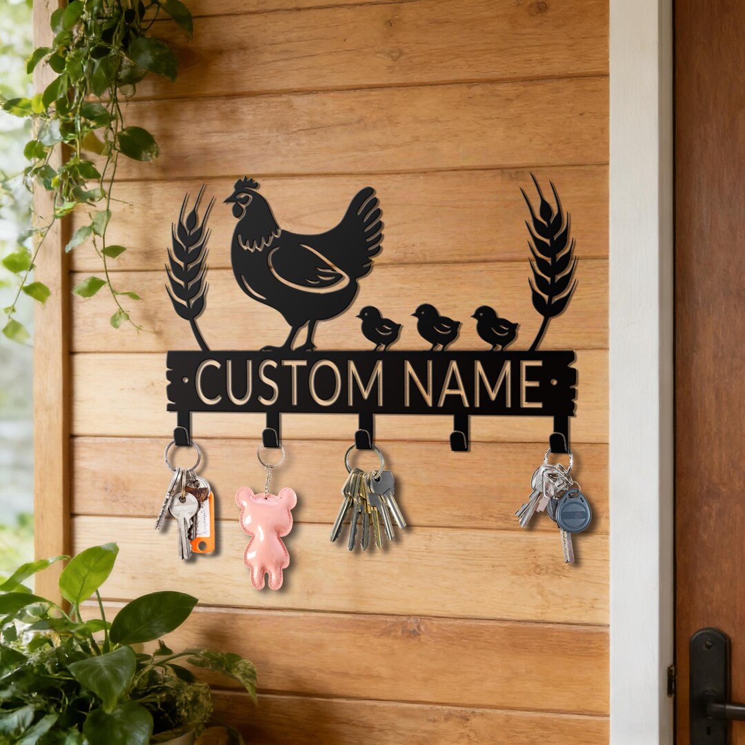 Personalized Hen Chicks With Wheat Metal Key Hook - Chicken Coop Sign ...