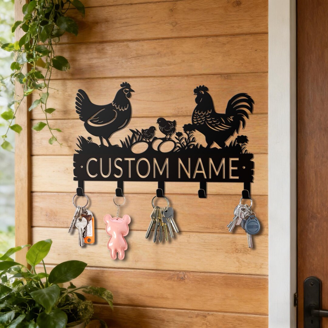 Personalized Hen, Rooster Chicks Metal Key Hook - Chicken Coop Sign ...